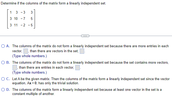 Solved Determine if the columns of the matrix form a | Chegg.com