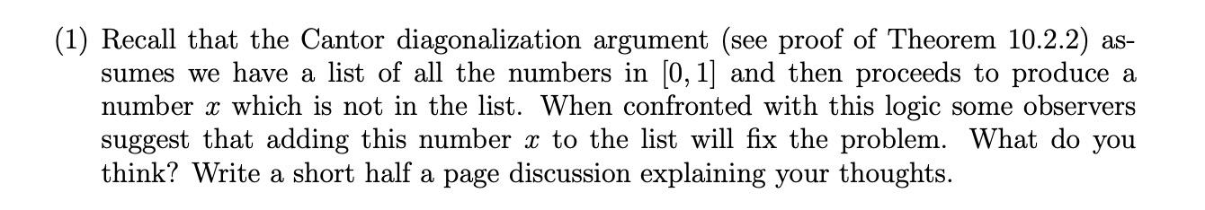 (1) Recall that the Cantor diagonalization argument | Chegg.com