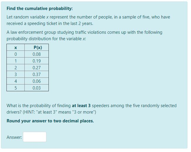 Solved Find the cumulative probability: Let random variable | Chegg.com