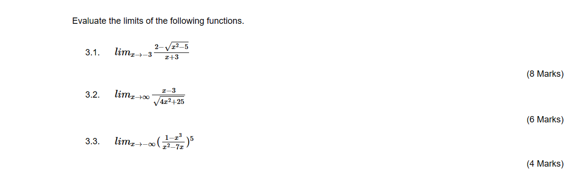 Solved Evaluate the limits of the following functions. 3.1. | Chegg.com