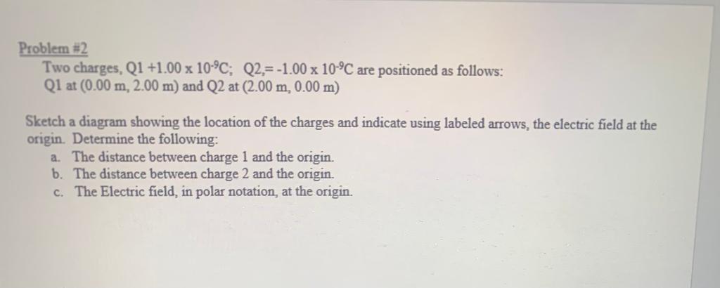 Solved Problem 52 Two charges, Q1 +1.00 x 10-9C; Q2,=-1.00 x | Chegg.com