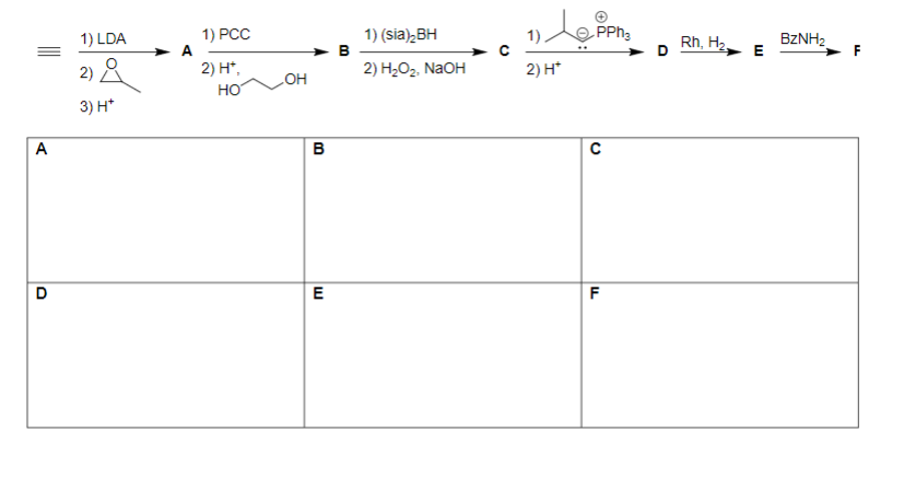 Solved 1) LDA 1) PCC PPh: Rh, H2 BzNH2 - А B 1) (sia),BH 2) | Chegg.com
