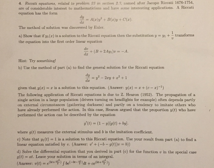 Solved Riccati equations, related to problem 29 in section | Chegg.com