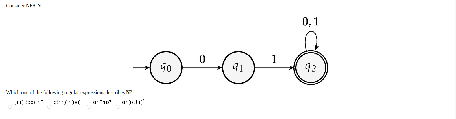 Solved Consider NFA N: 0,1 0 1 90 91 92 Which one of the | Chegg.com