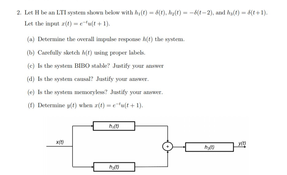 Solved 2. Let H be an LTI system shown below with hi(t) = | Chegg.com