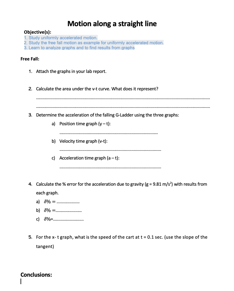 Solved Motion along a straight line Objective(s): 1. Study | Chegg.com