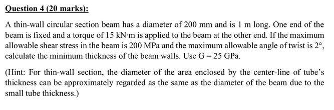 Solved Question 4 (20 marks): A thin-wall circular section | Chegg.com