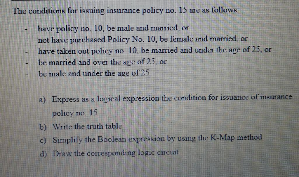 Solved The conditions for issuing insurance policy no. 15 | Chegg.com