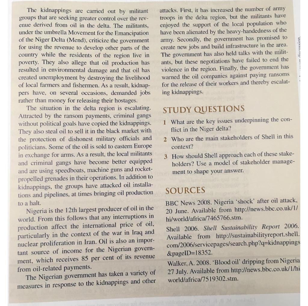 Solved CASE STUDY: SHELL AND KIDNAPPINGS IN NIGERIA In March | Chegg.com