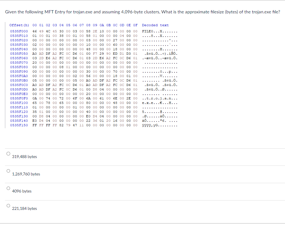 Solved Given the following MFT Entry for trojan.exe and | Chegg.com