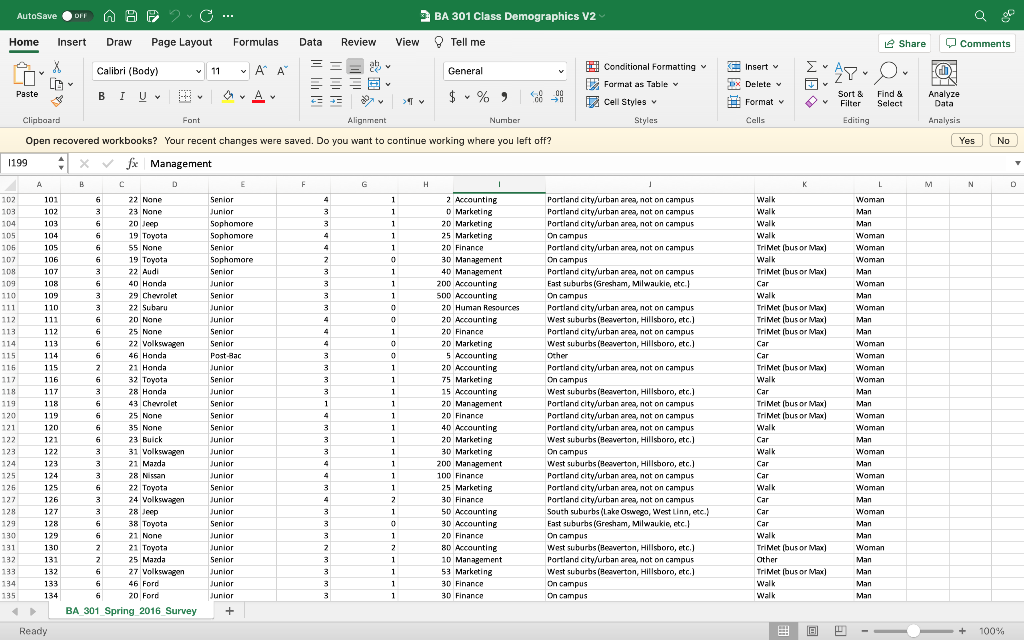 Solved AutoSave OF 2. Q BA 301 Class Demographics V2 View | Chegg.com