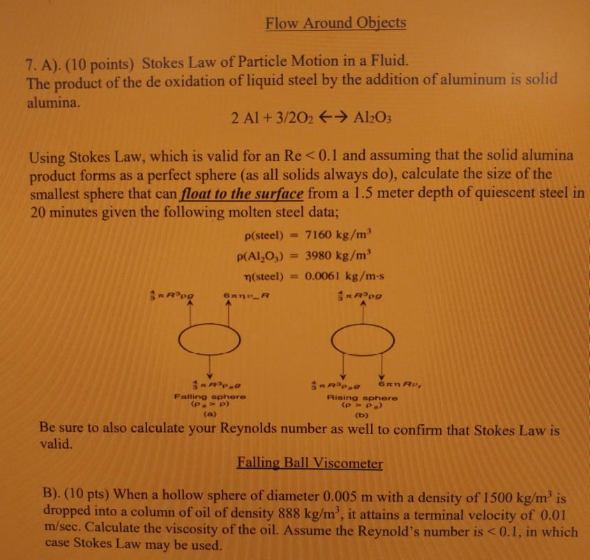 Solved Flow Around Objects 7. A). (10 points) Stokes Law of | Chegg.com