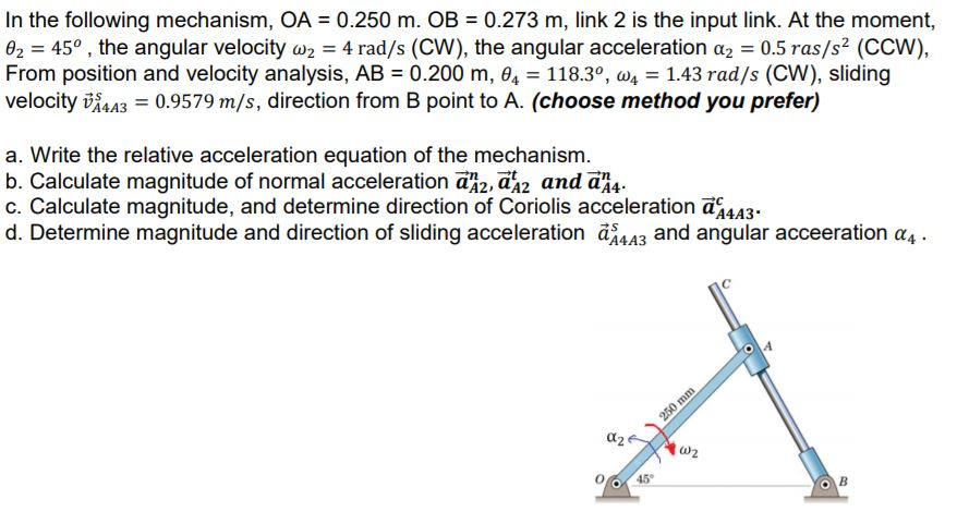 In the following mechanism, OA = 0.250 m. OB = 0.273 | Chegg.com