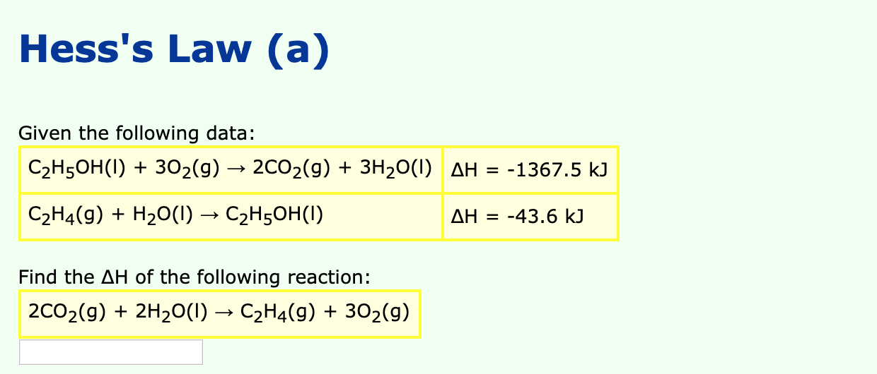 Solved Hess's Law (a) Given the following data: C2H5OH(1) + | Chegg.com