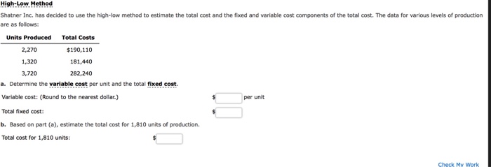 Solved Shatner Inc. has decided to use the high-low method | Chegg.com