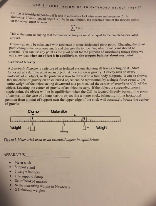 LAB 2 - EQUILIBRIUM OF AN EXTENDED OBJECT The purpose | Chegg.com