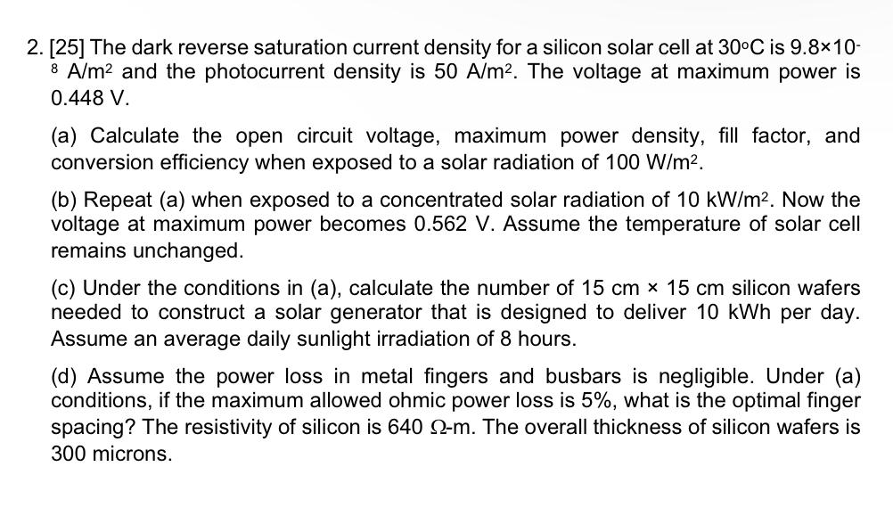 Solved 2. [25] The dark reverse saturation current density | Chegg.com