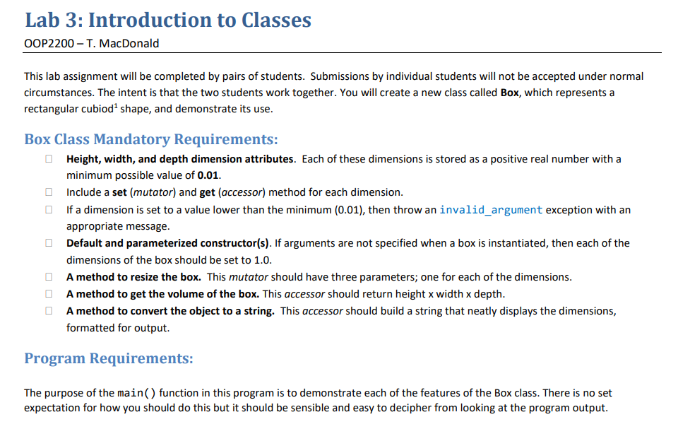 Solved Lab 3: Introduction to Classes OOP2200 - T. MacDonald | Chegg.com