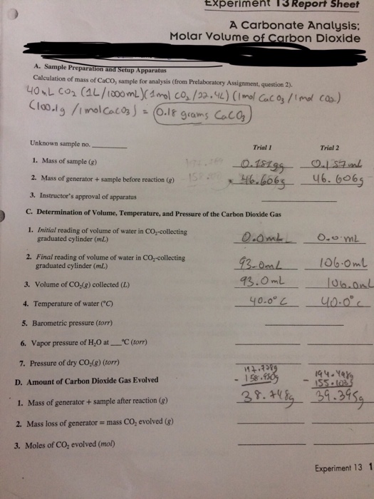 Solved Experiment l3 Report Sheet A Carbonate Analysis; | Chegg.com