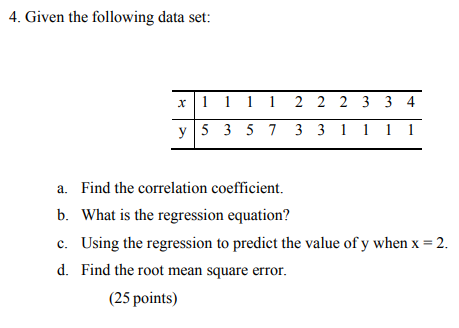 Solved 4. Given the following data set: x1 22233 4 y 5 3 57 | Chegg.com
