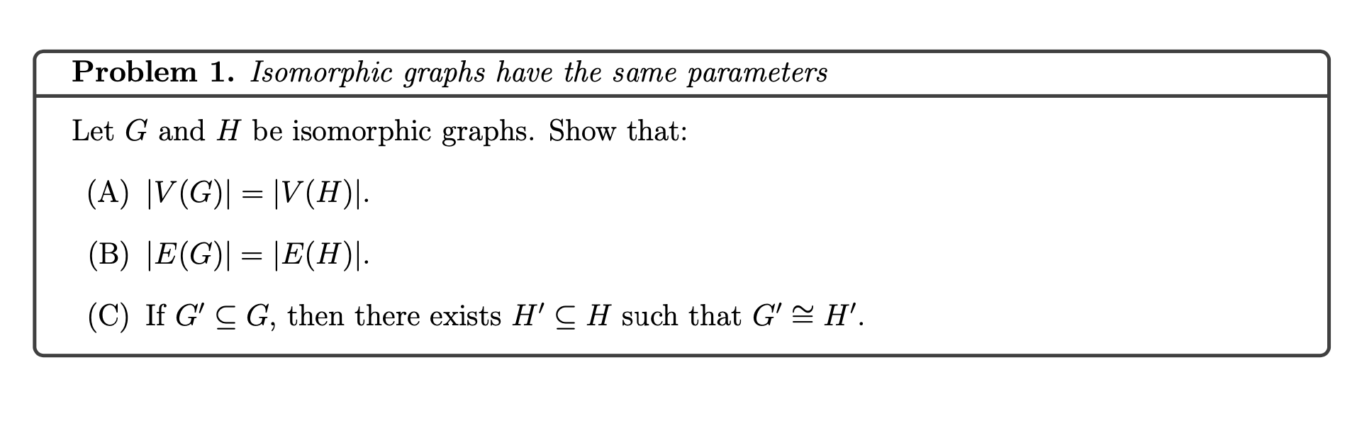 Solved Problem 1. Isomorphic graphs have the same parameters | Chegg.com