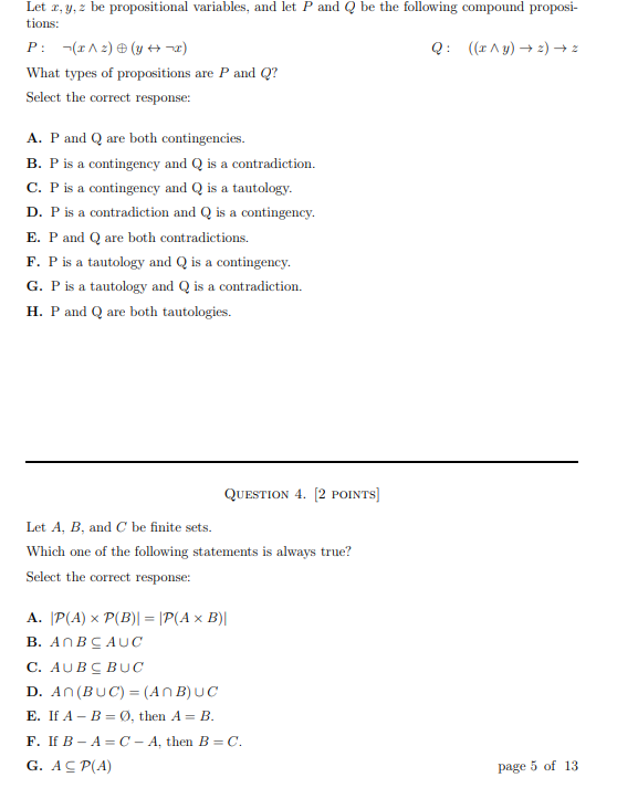 Solved Let x,y,z be propositional variables, and let P and Q | Chegg.com