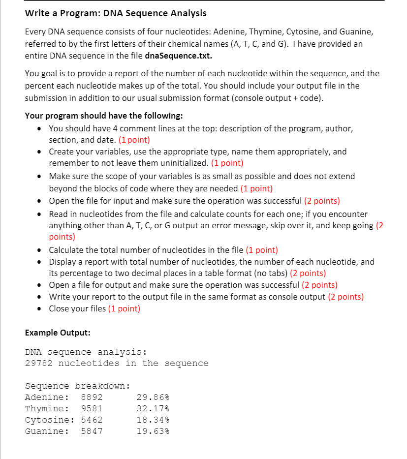 Solved Write a Program: DNA Sequence Analysis Every DNA | Chegg.com