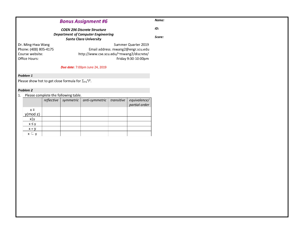 Solved Name: Bonus Assignment #6 ID COEN 296 Discrete | Chegg.com