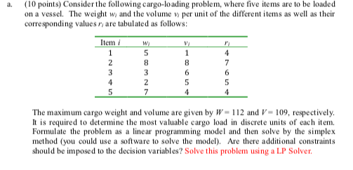 Solved a. (10 points) Consider the following cargo-loading | Chegg.com