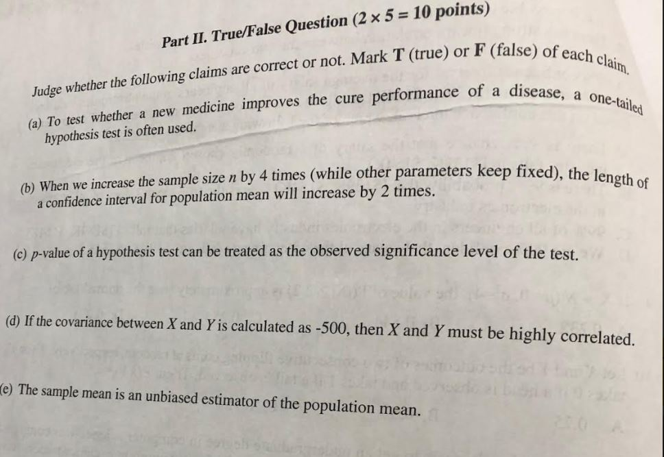 Solved Part II. True/False Question (2 x 5 = 10 points) Ise) | Chegg.com