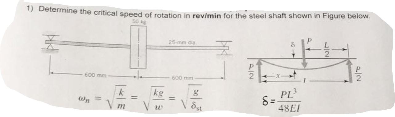 Solved 1) Determine the critical speed of rotation in | Chegg.com