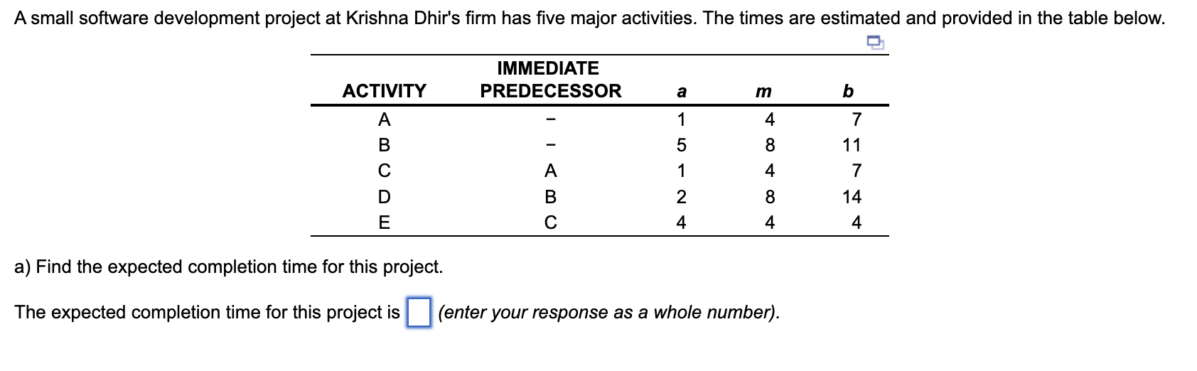 Solved a) Find the expected completion time for this | Chegg.com