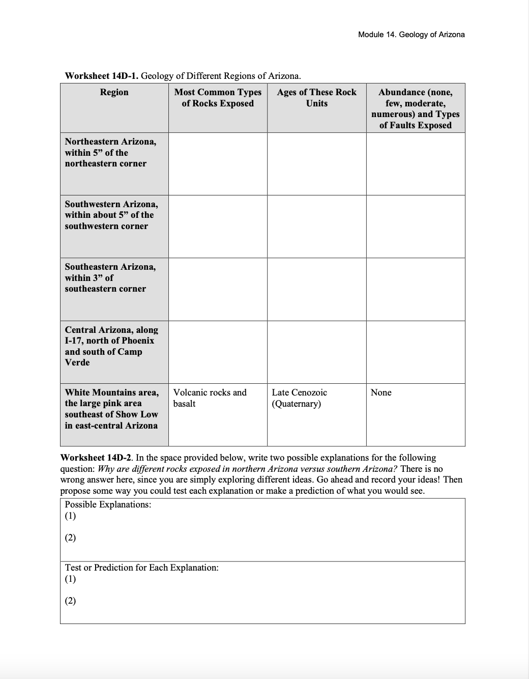 Solved Worksheet 14D-3. ﻿Geology of Local Areas in Arizona | Chegg.com