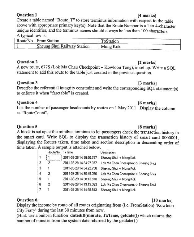 Solved Question 1 [4 marks] Create a table named "Route_ T " | Chegg.com