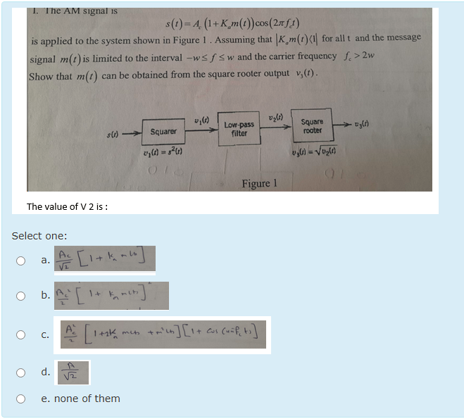 Solved The AM signal is s(t)=A_(c)(1+K_(a)m(t))cos(2\pi | Chegg.com