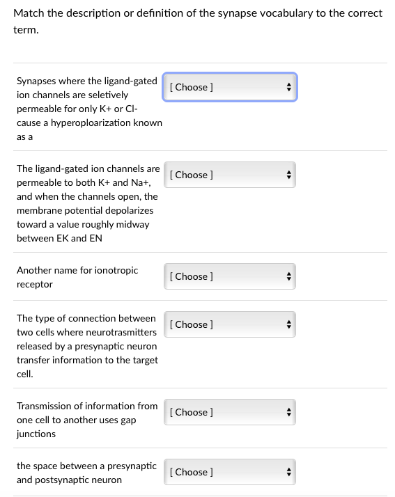 Solved Match the description or definition of the synapse | Chegg.com