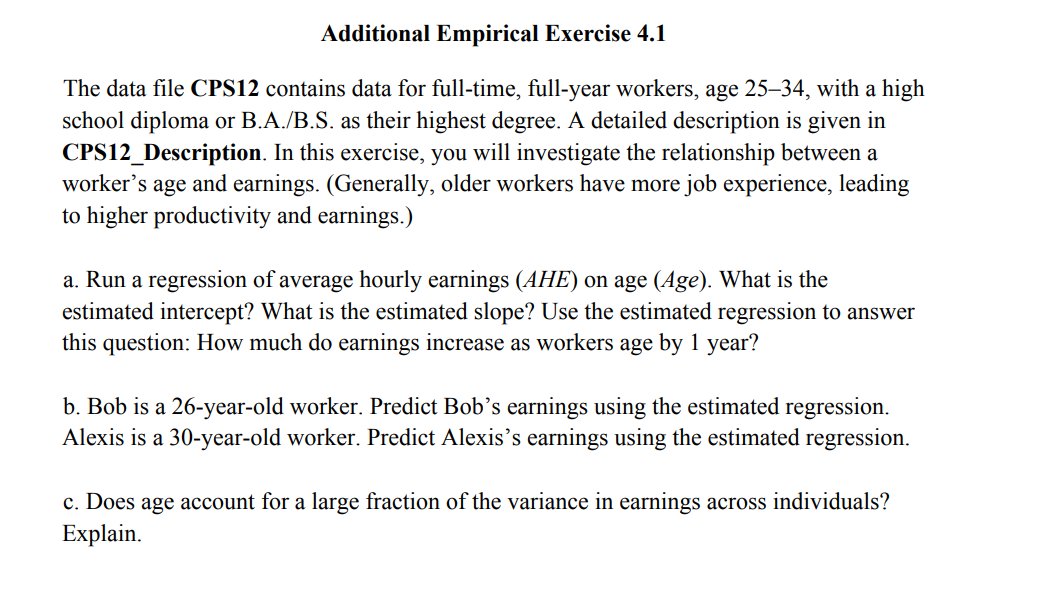Additional Empirical Exercise 4.1 The data file CPS12 | Chegg.com