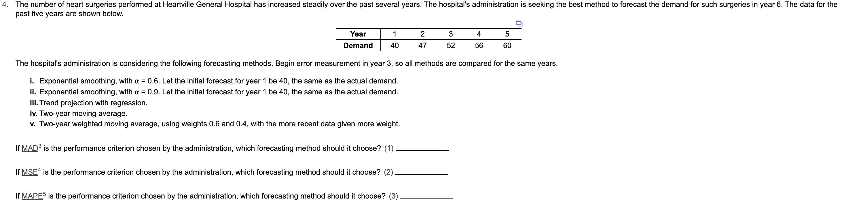 Solved past five years are shown below.The hospital's | Chegg.com