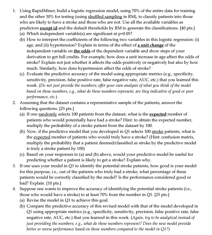 Solved Using RapidMiner, build a logistic regression model, | Chegg.com