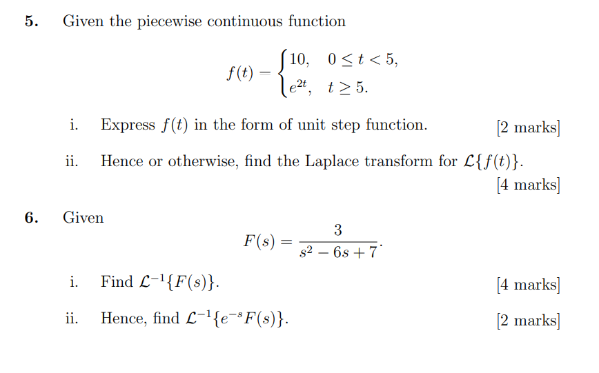 Solved 5. Given the piecewise continuous function | Chegg.com