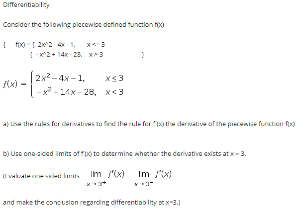 Solved Differentiability Consider the following piecewise | Chegg.com