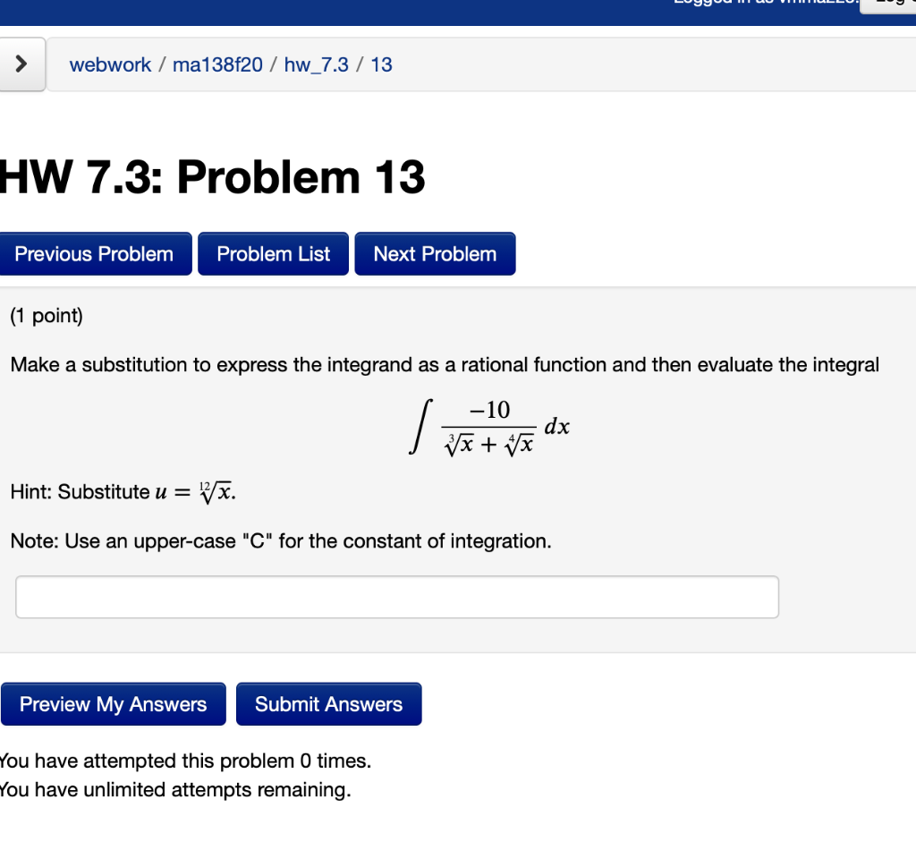 Solved webwork/ma138f20 / hw_7.3 / 13 HW 7.3: Problem 13 | Chegg.com