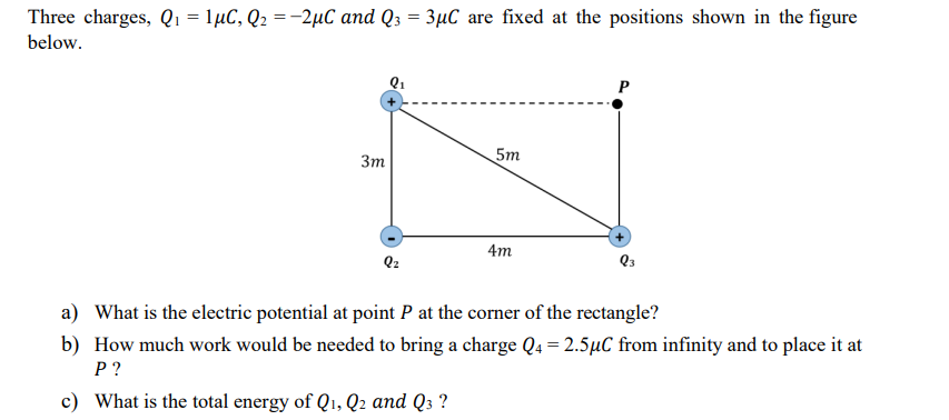 Solved Three charges, Q1=1μC,Q2=−2μC and Q3=3μC are fixed at | Chegg.com