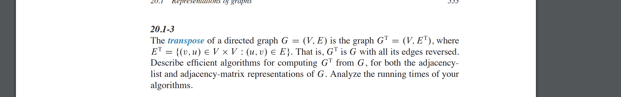 Solved 20.1-3 The transpose of a directed graph G=(V,E) is | Chegg.com