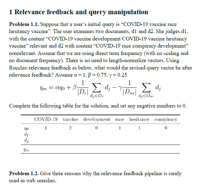 Solved 1 Relevance feedback and query manipulation Problem | Chegg.com