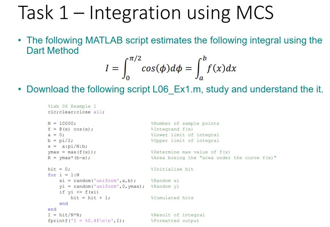 Solved Task 1 Integration Using Mcs The Following Matlab 
