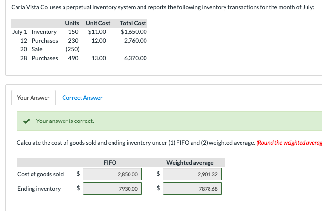 Solved Carla Vista Co. uses a perpetual inventory system and | Chegg.com