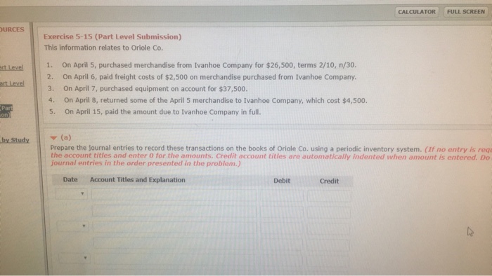 Solved CALCULATOR FULL SCREEN URCES Exercise 5-15 (Part | Chegg.com