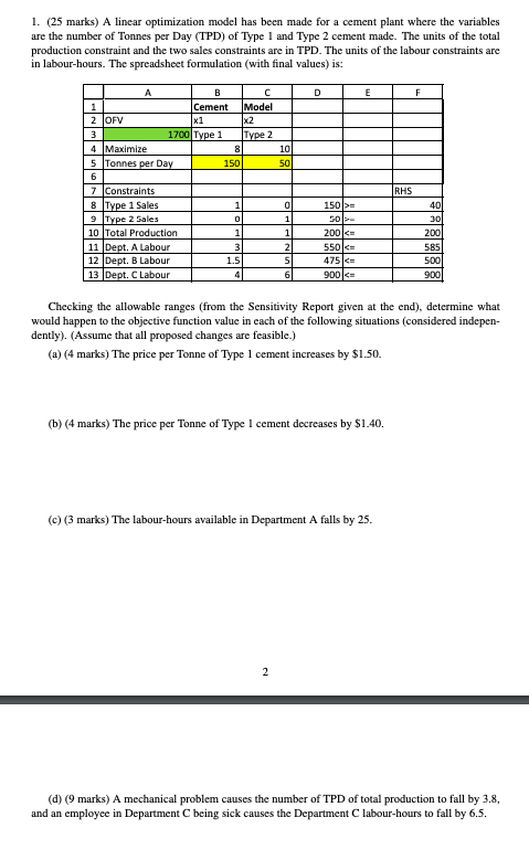 Solved 1. (25 marks) A linear optimization model has been | Chegg.com