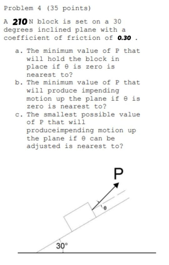 Solved Problem 4 (35 points) A 210 N block is set on a 30 | Chegg.com